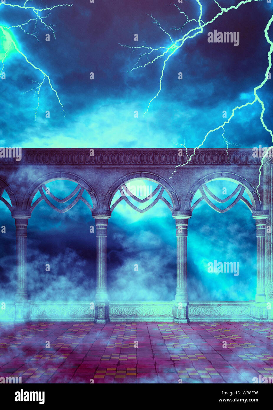 3D rendered ancient wall with arch windows and full moon illustration ...