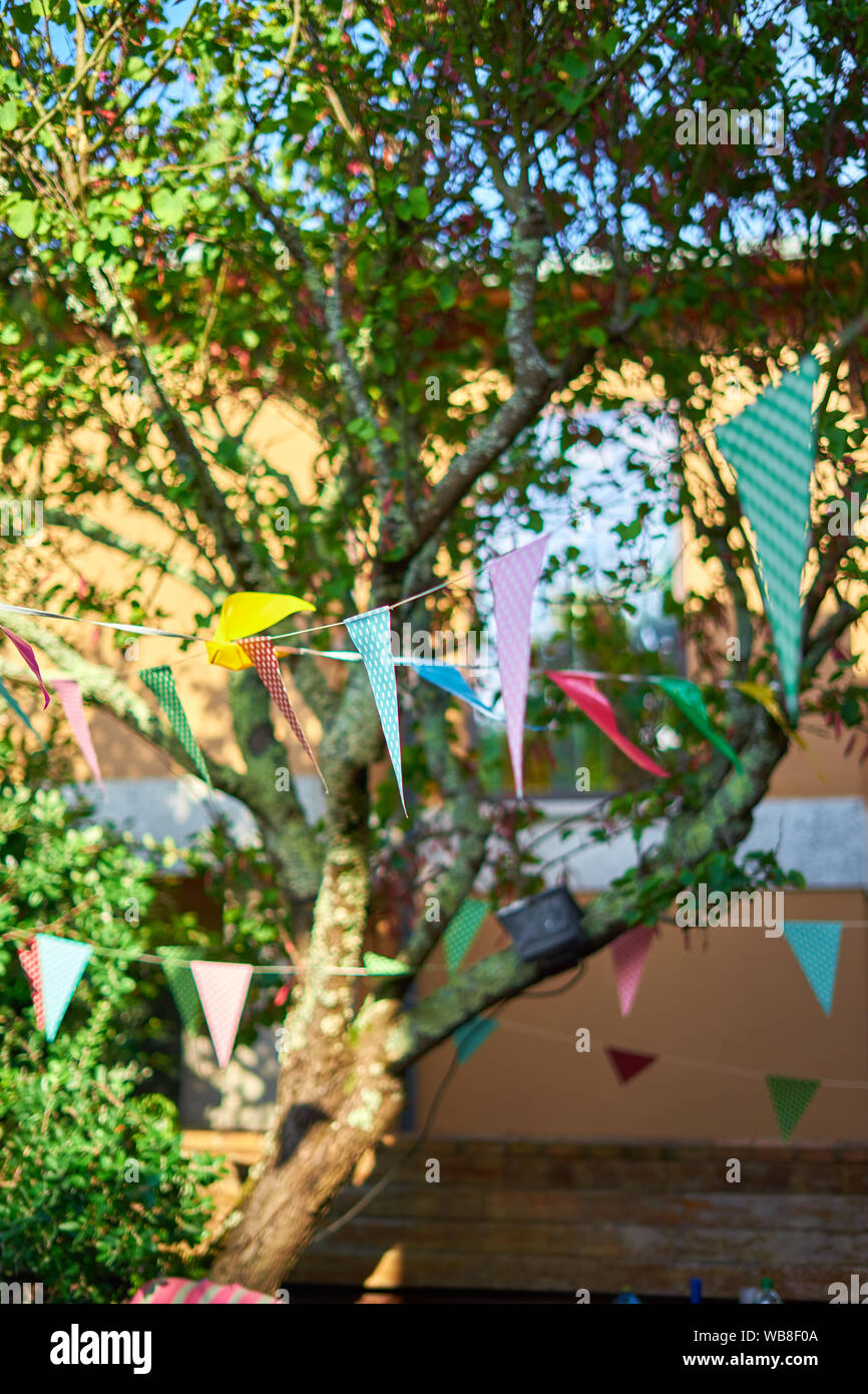 Birthday party decoration on a tree Stock Photo - Alamy