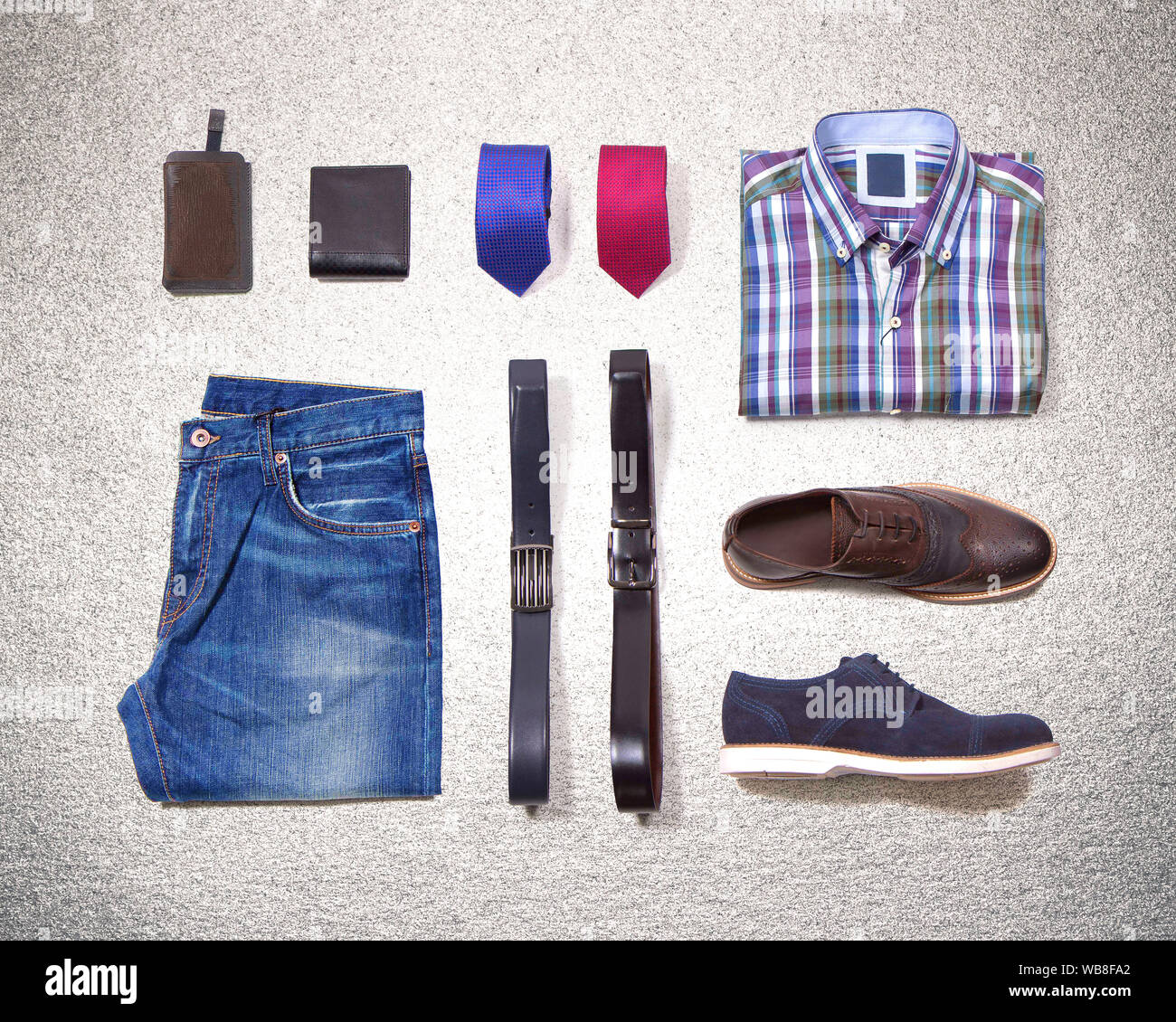 Men classic clothing layout on silver background Stock Photo - Alamy