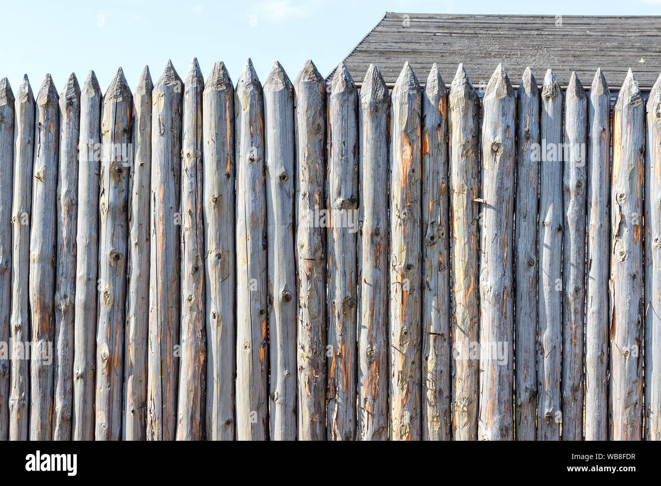 Ancient fence from trunks of trees. Protection against enemies in olden ...