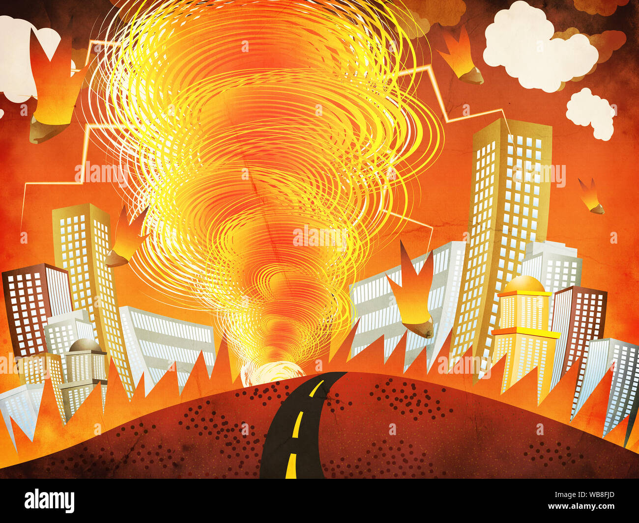 Illustration of fire vortex, tornado in the city grunge background ...