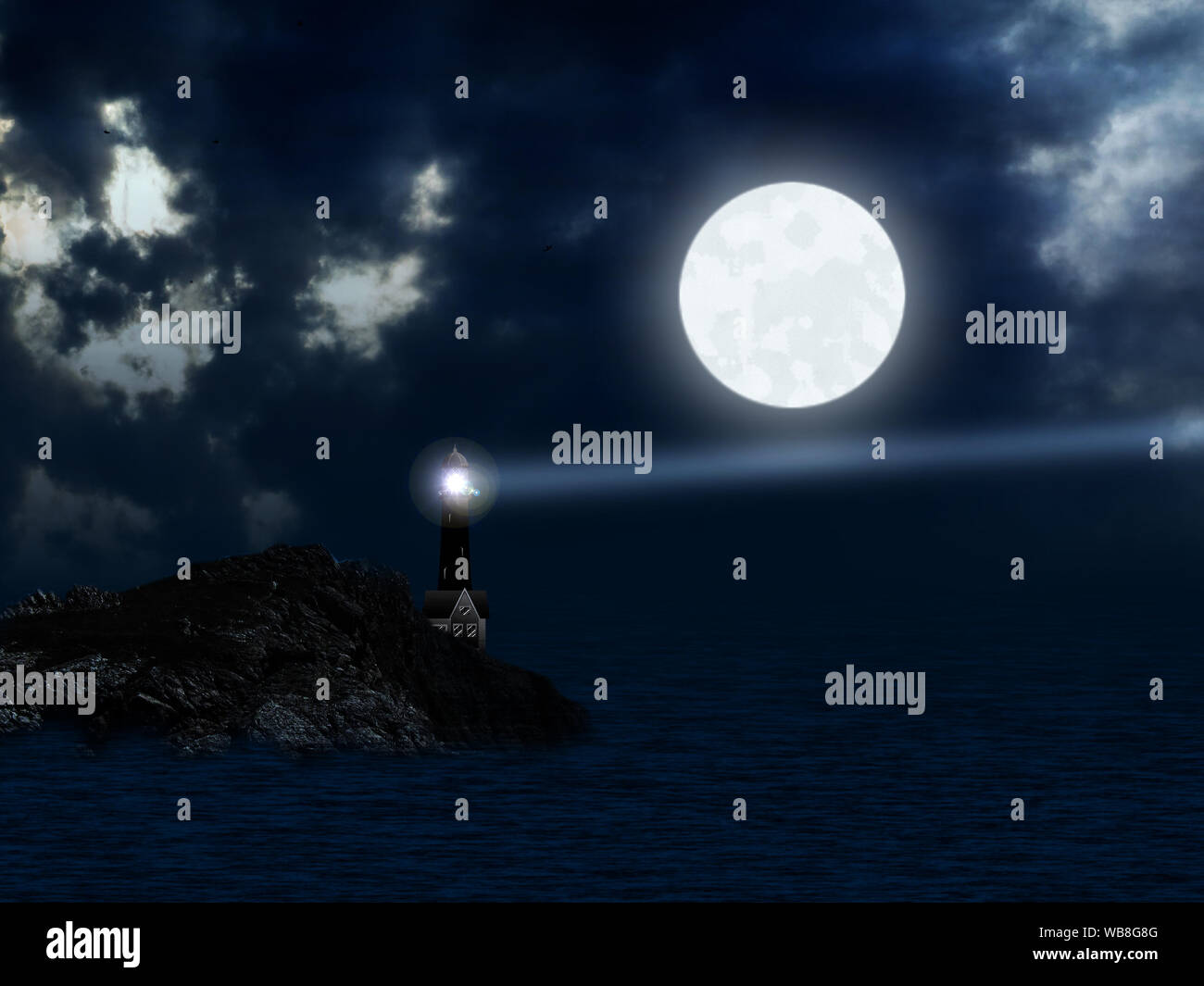 Big full moon and lighthouse in the sea Stock Photo - Alamy