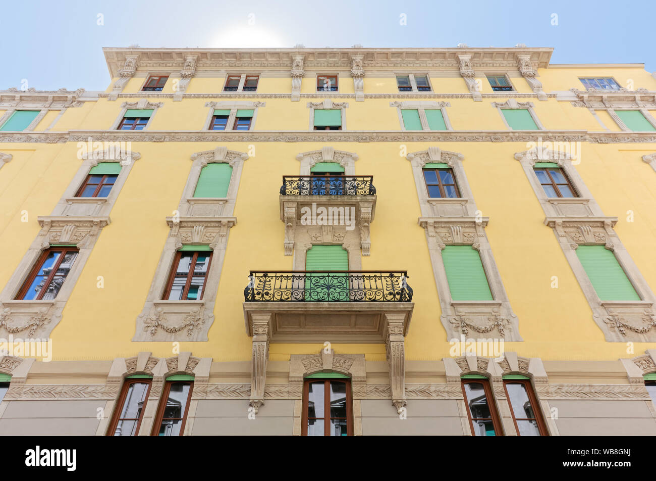 TRIESTE, Italy - June 16, 2019: Decorated exterior facade of an elegant ...