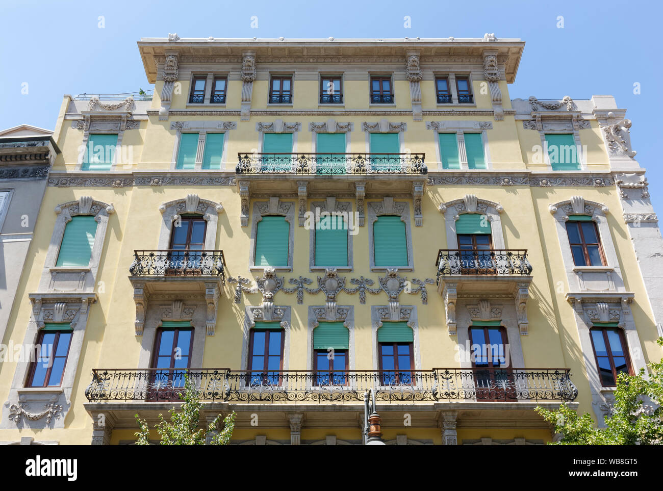 TRIESTE, Italy - June 16, 2019: Decorated exterior facade of an elegant ...