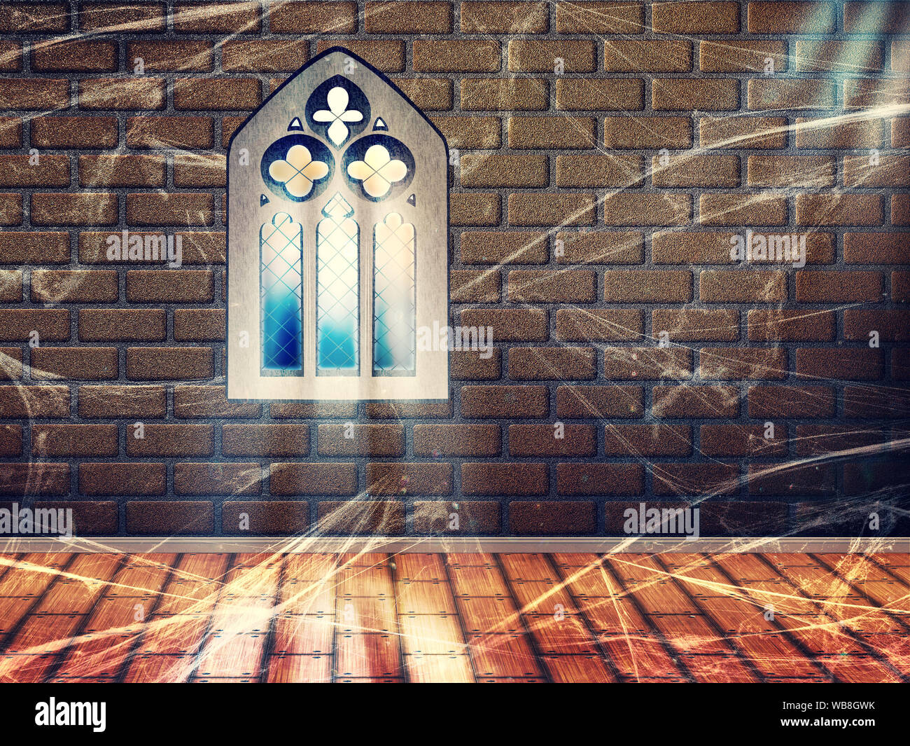 Illustration of brick wall interior with wood floor and gothic window ...