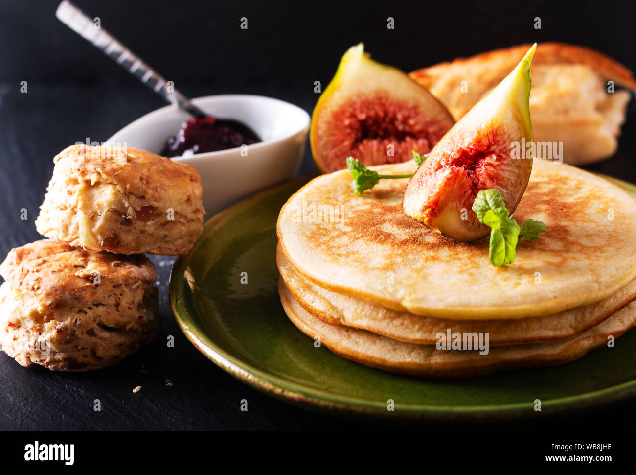 Food concept Homemade organic pancakes stack with fig breakfast on ...