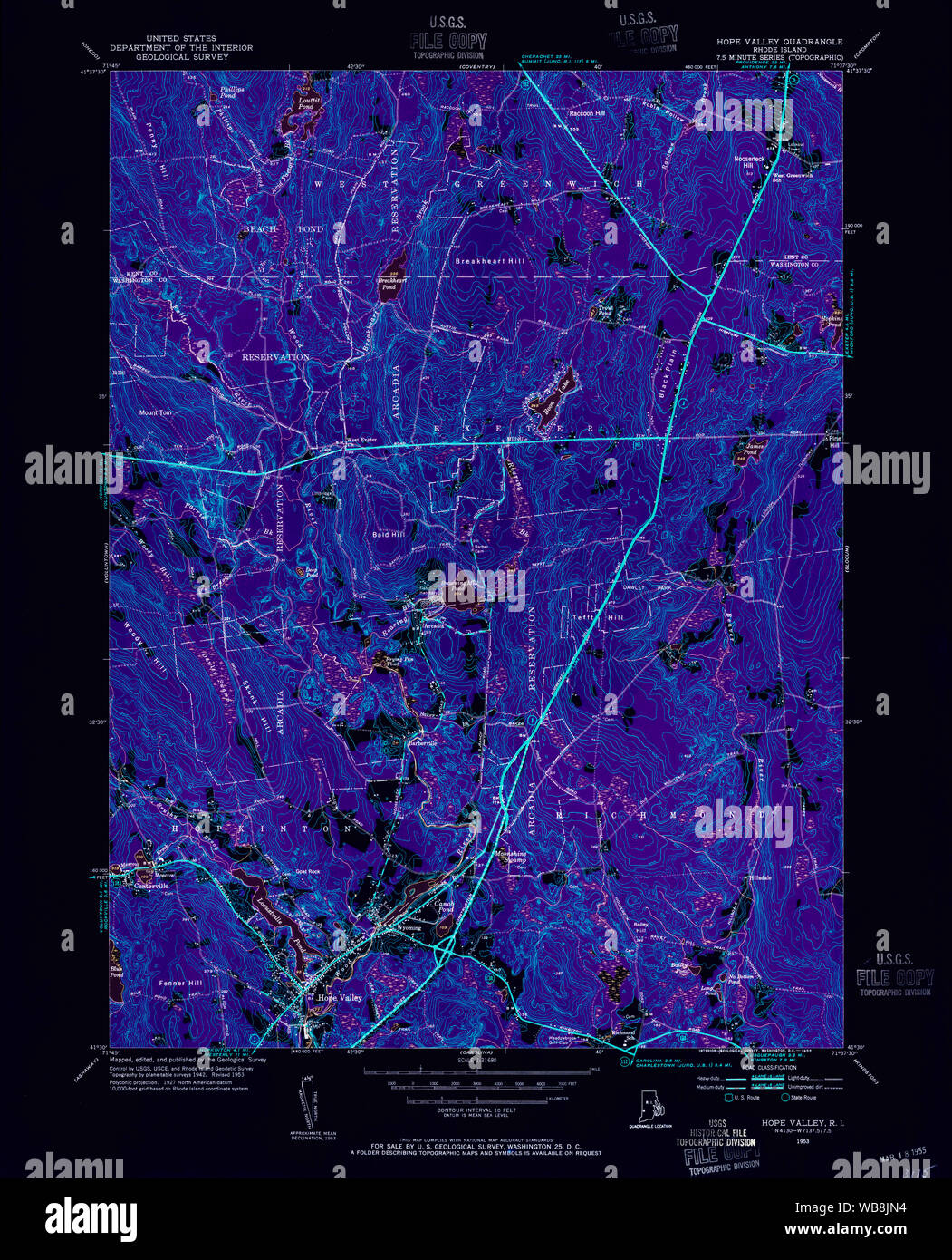 USGS TOPO Map Rhode Island RI Hope Valley 353419 1953 31680 Inverted ...