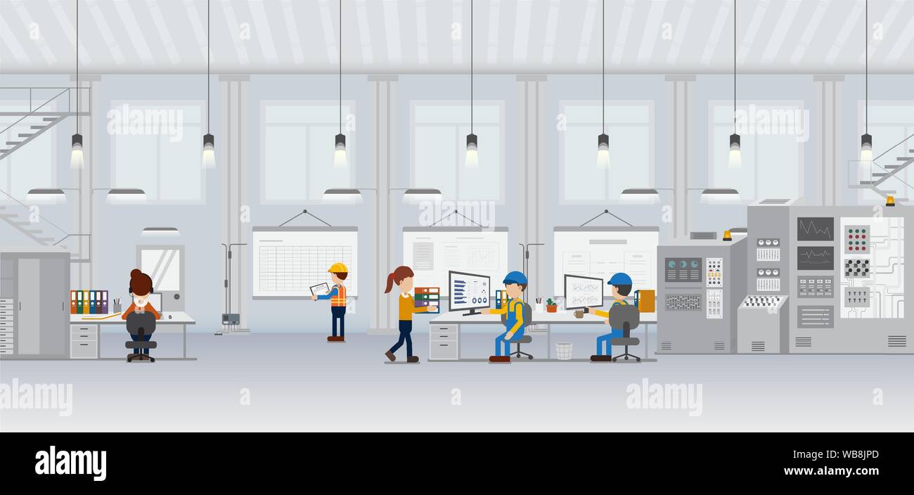 Factory in process with workers working flat design vector illustration ...
