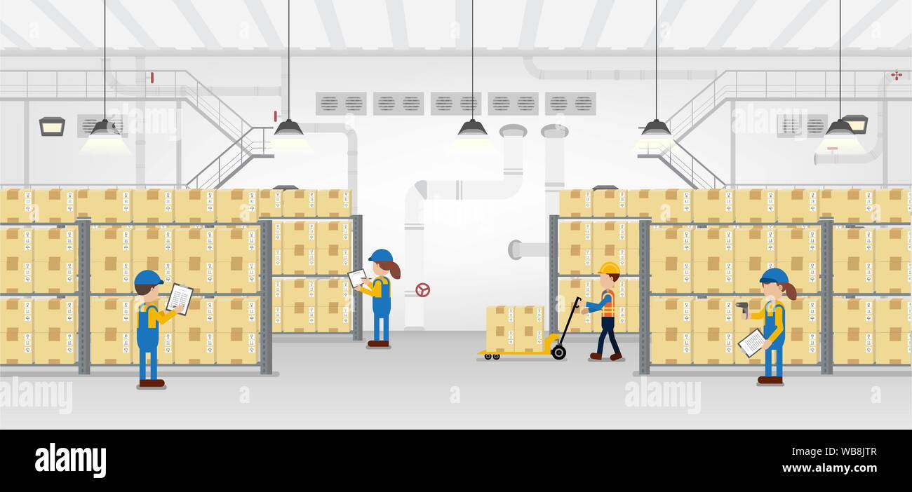 Warehouse in process with workers working flat design vector ...