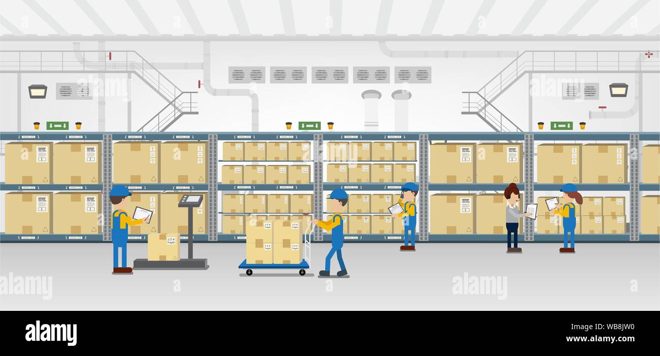 Warehouse in process with workers working flat design vector ...
