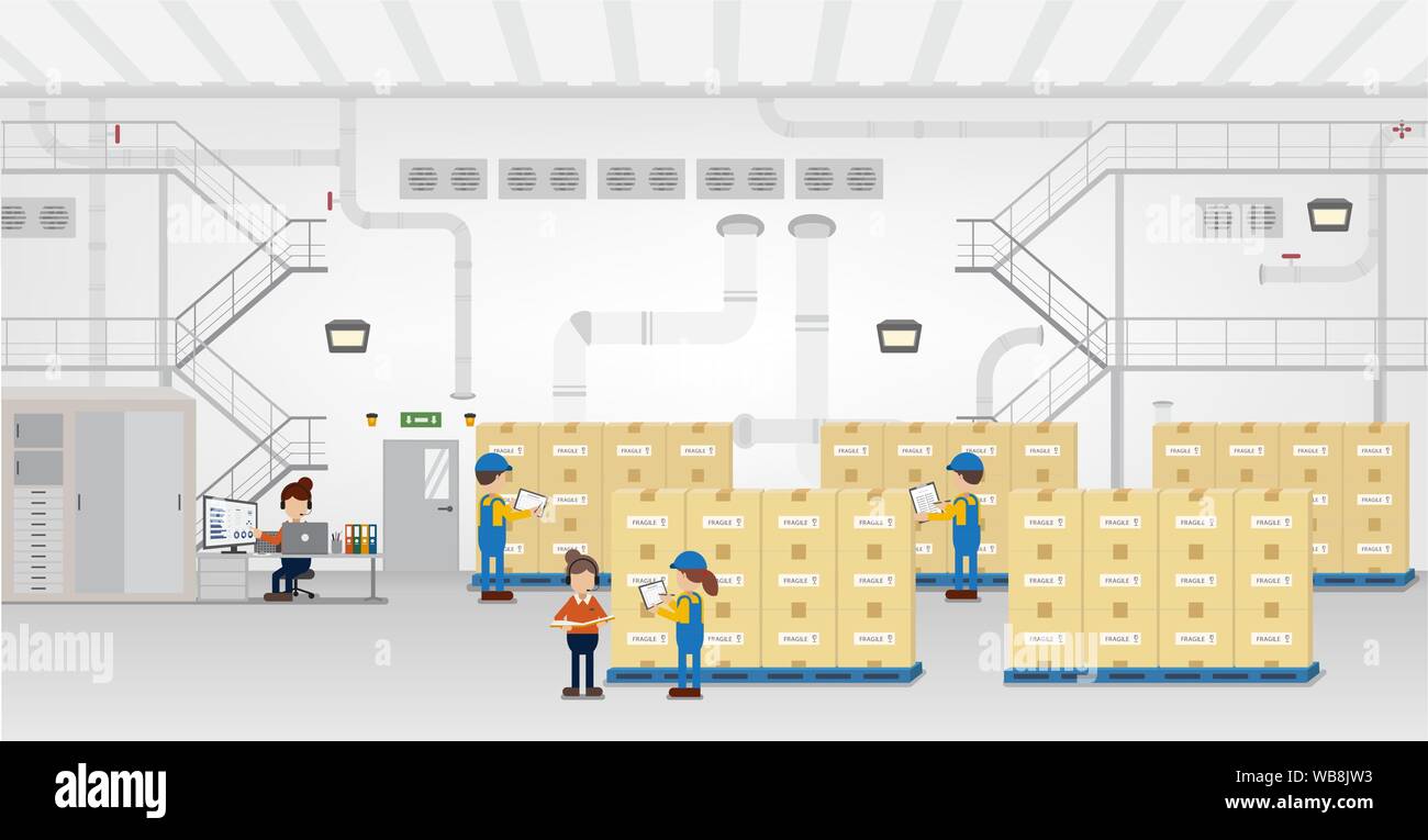 Warehouse in process with workers working flat design vector ...