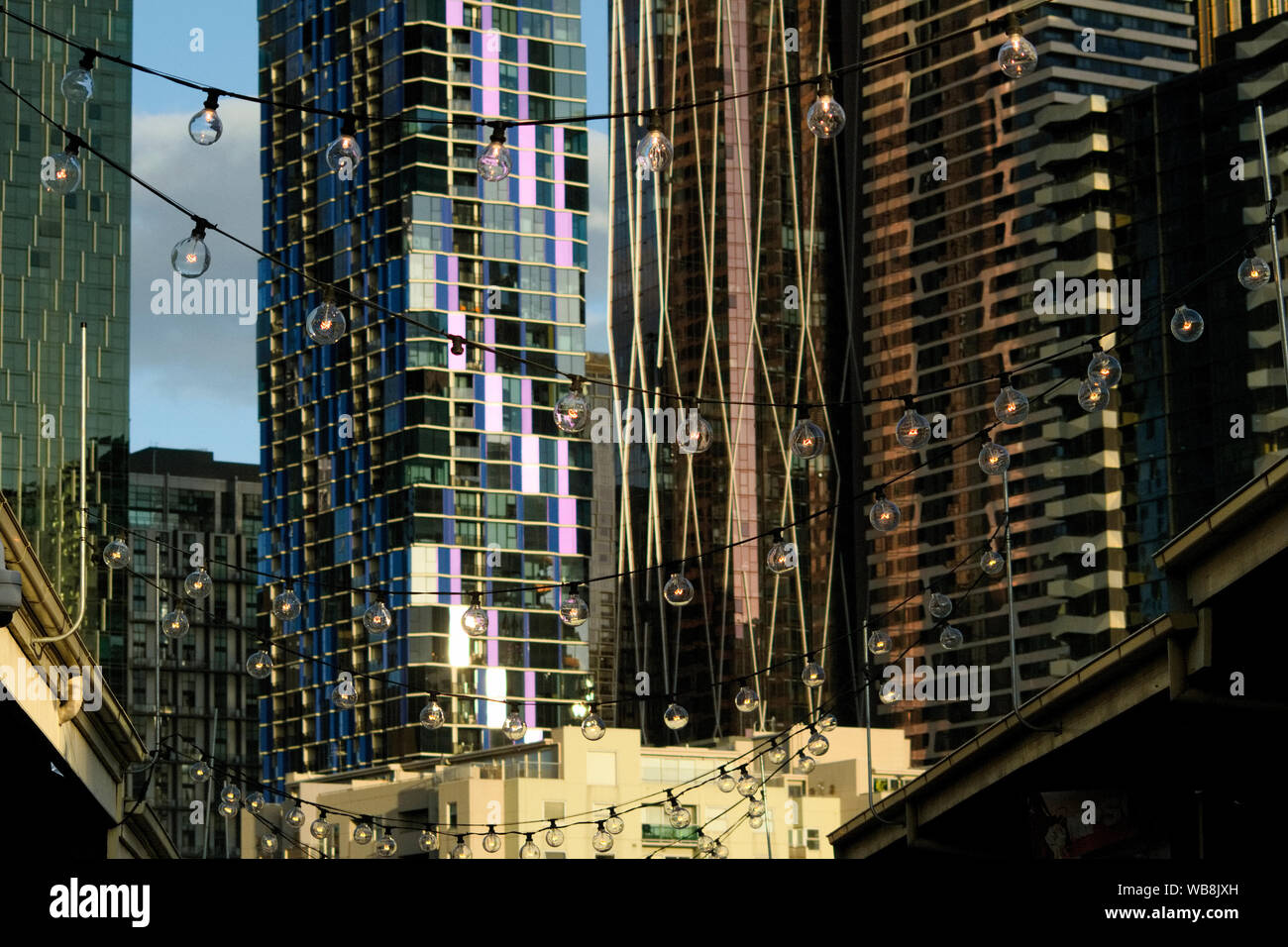 A hanging string of lights at Queen Victoria Night Market with the ...