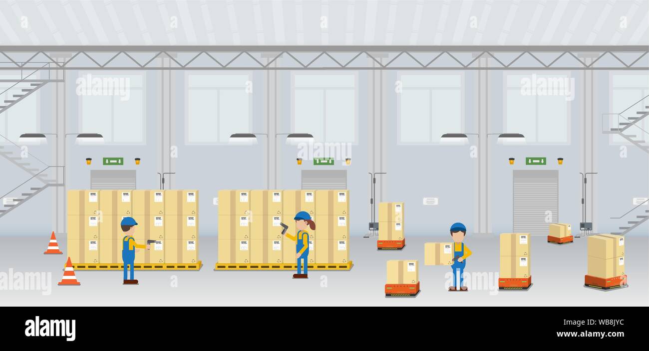 Warehouse in process with workers working flat design vector ...