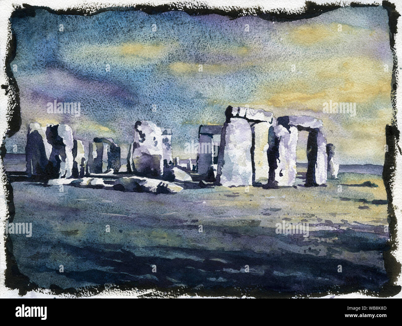 Fine art watercolor painting of prehistoric monument of Stonehenge ...
