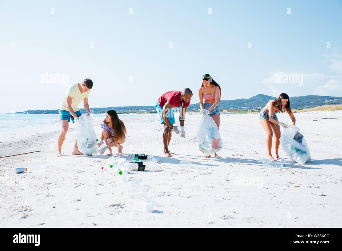 Group of activists friends collecting plastic waste on the beach ...