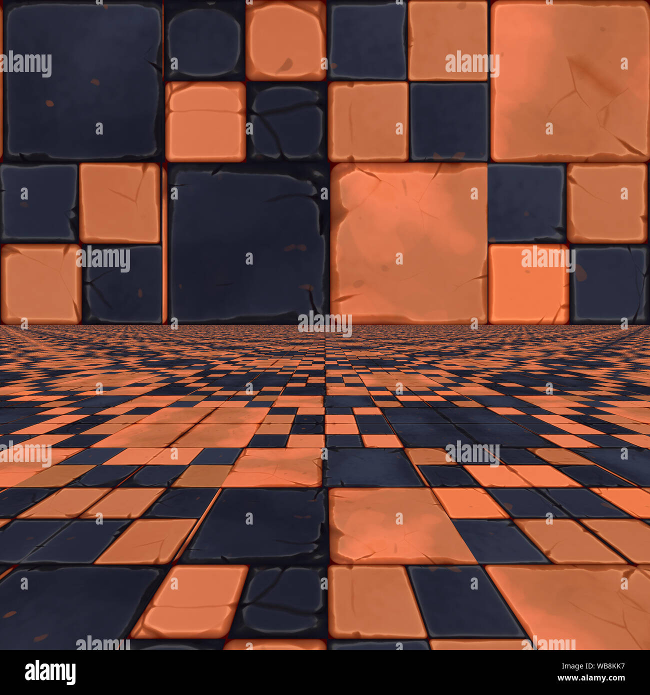 Abstract distorted orange and dark blue checkered background Stock ...