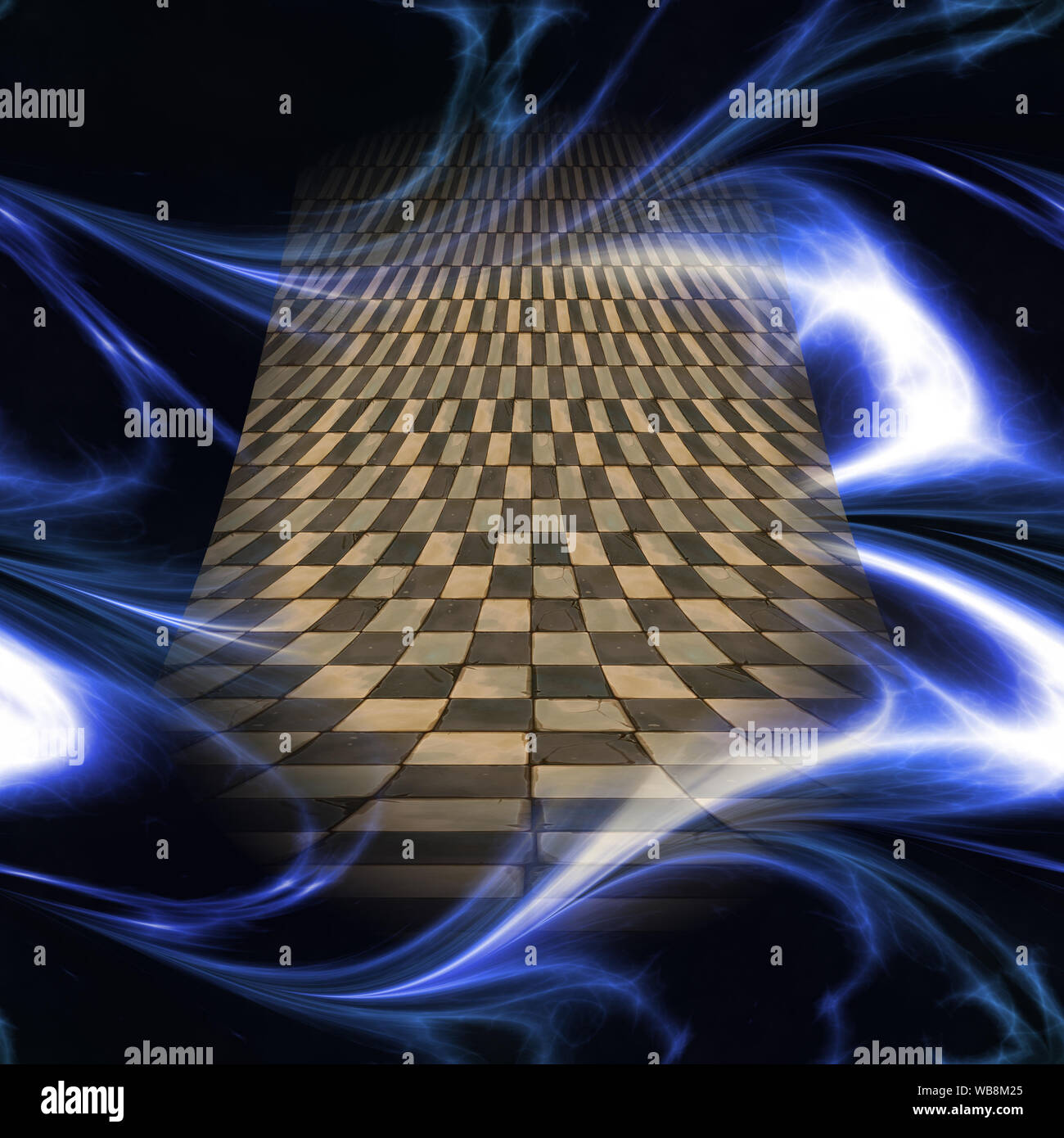 Abstract glowing plasmatic, laser background with distorted checkered ...