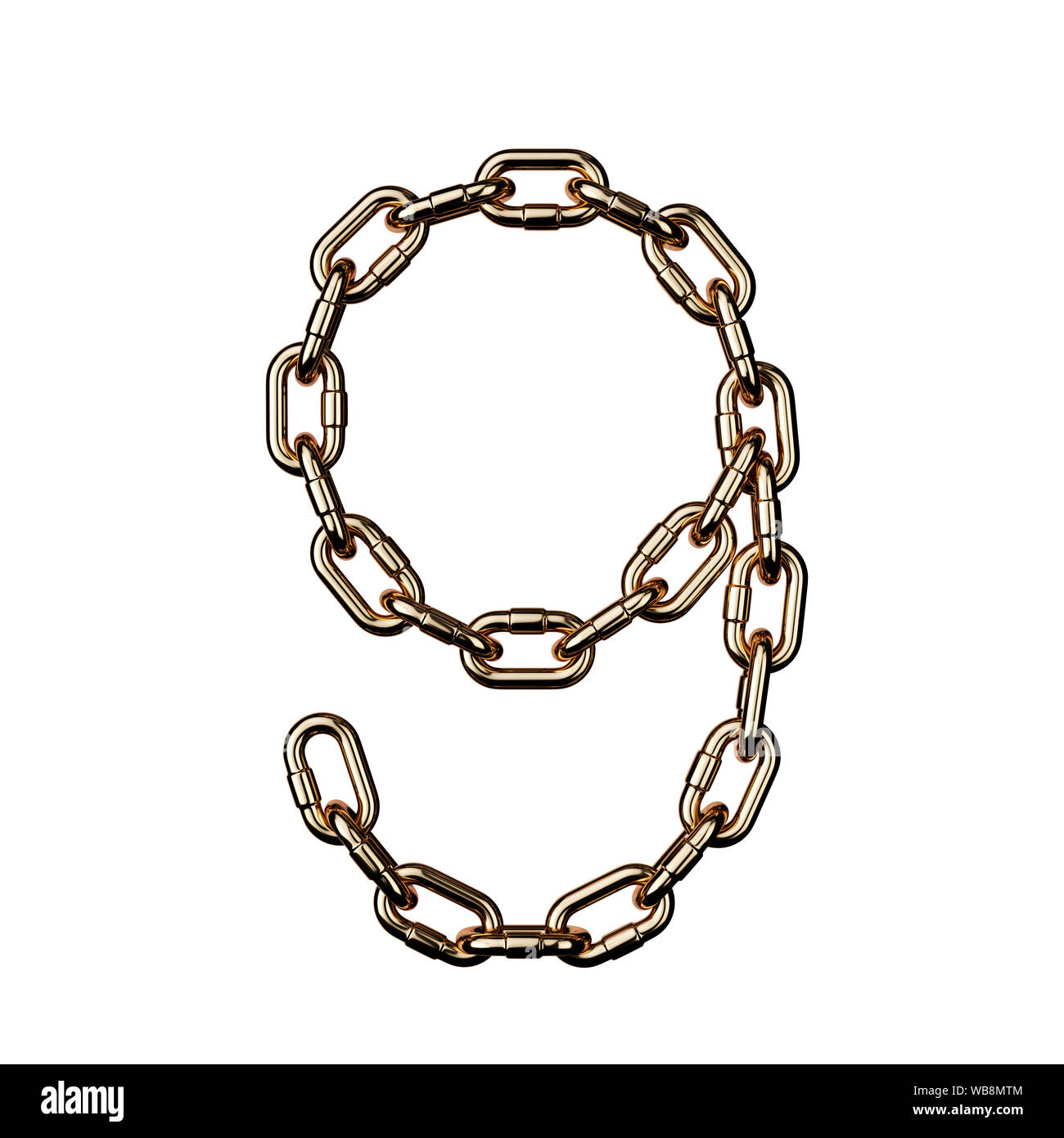 Font gold nine 9 golden metal alphabet digit number chain. Isolated on ...