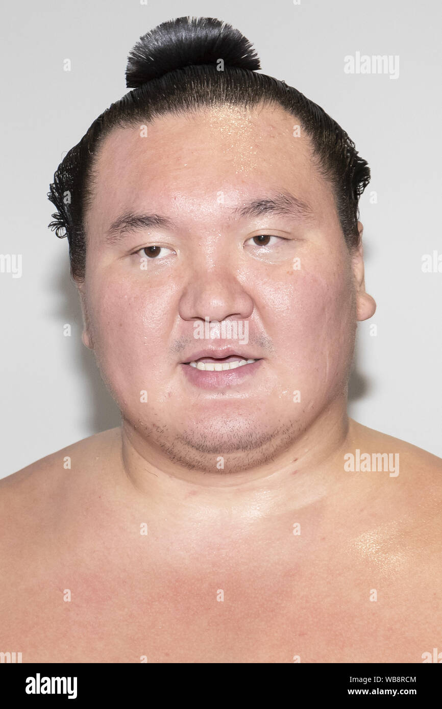Tokyo, Japan. 25th Aug, 2019. A Sumo wrestler Hakuho Sho answers ...