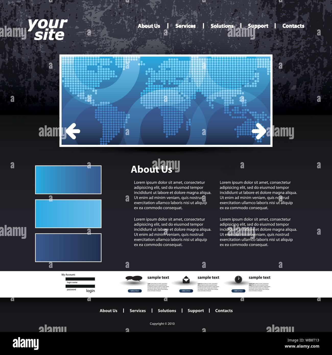 Blue Website Design Template with World Map in Freely Scalable and ...
