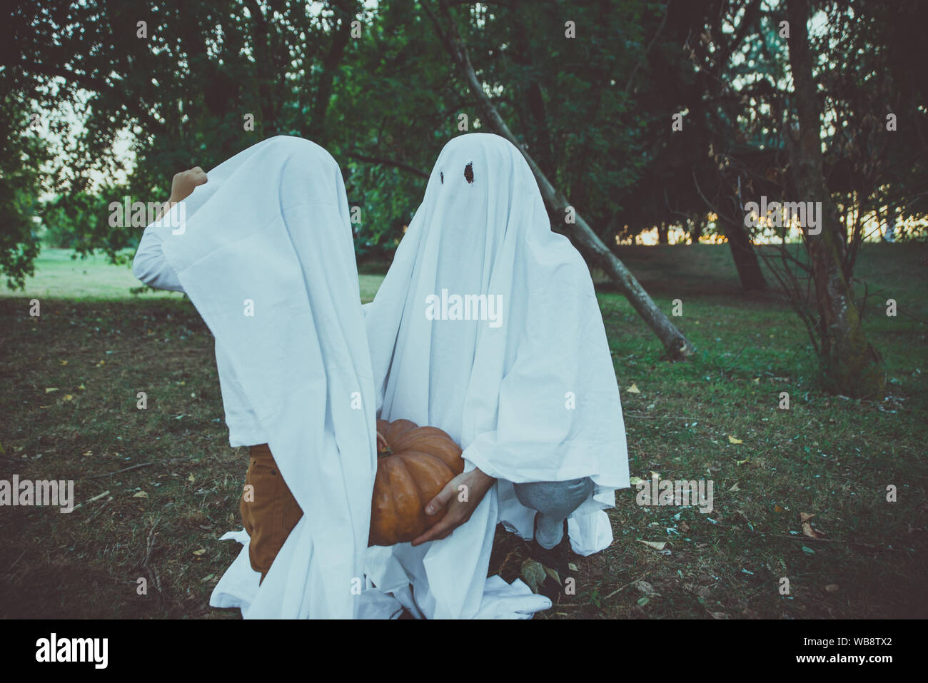 Father and son playing ghosts with white sheets in the garden ...