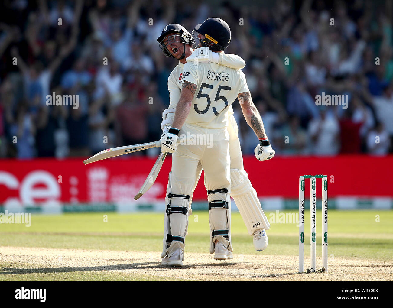 England's Ben Stokes celebrates victory with Jack Leach (left) during ...