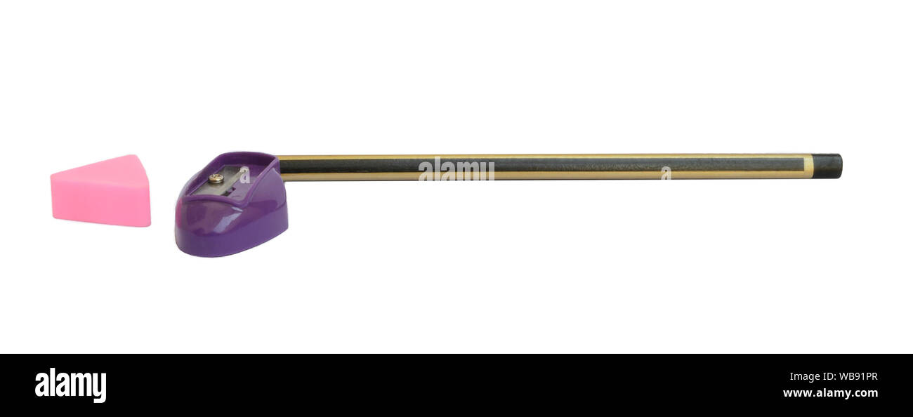 Pencil, sharpener and eraser on white background Stock Photo - Alamy