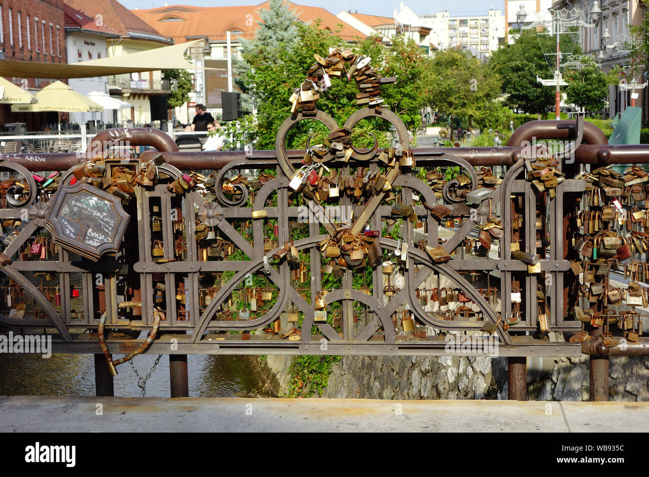Padlocks on a bridge in downtown, Miskolc, Hungary, Magyarország ...
