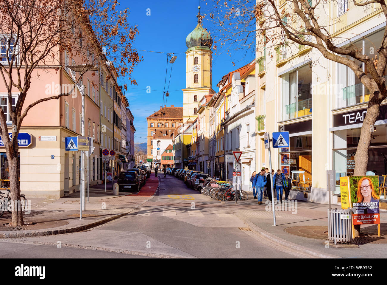 Graz, Austria - February 16, 2019: Street view with Franziskanerkirche ...