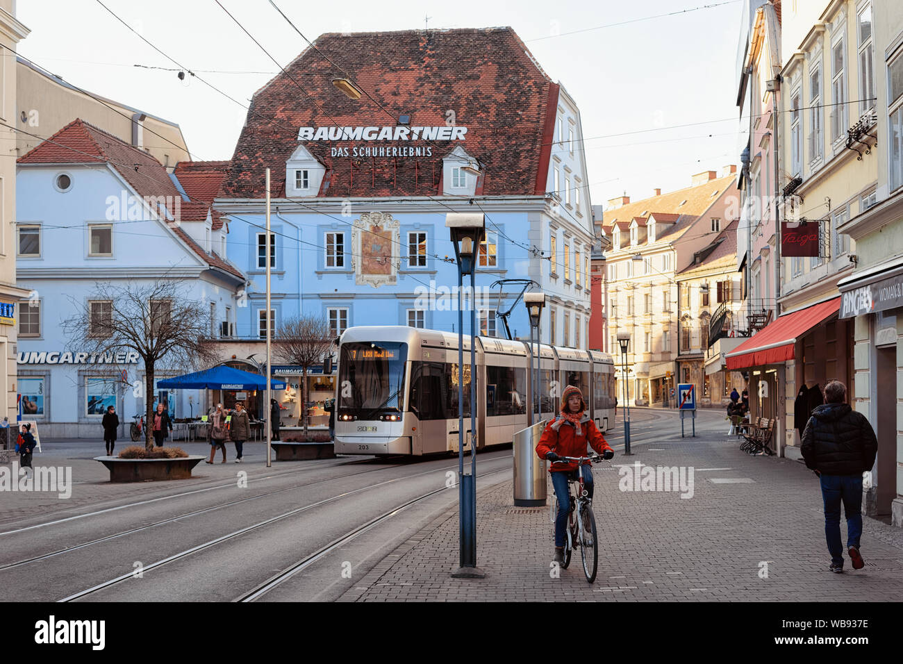 Graz, Austria - February 16, 2019: Tram and people in Downtown and Old ...