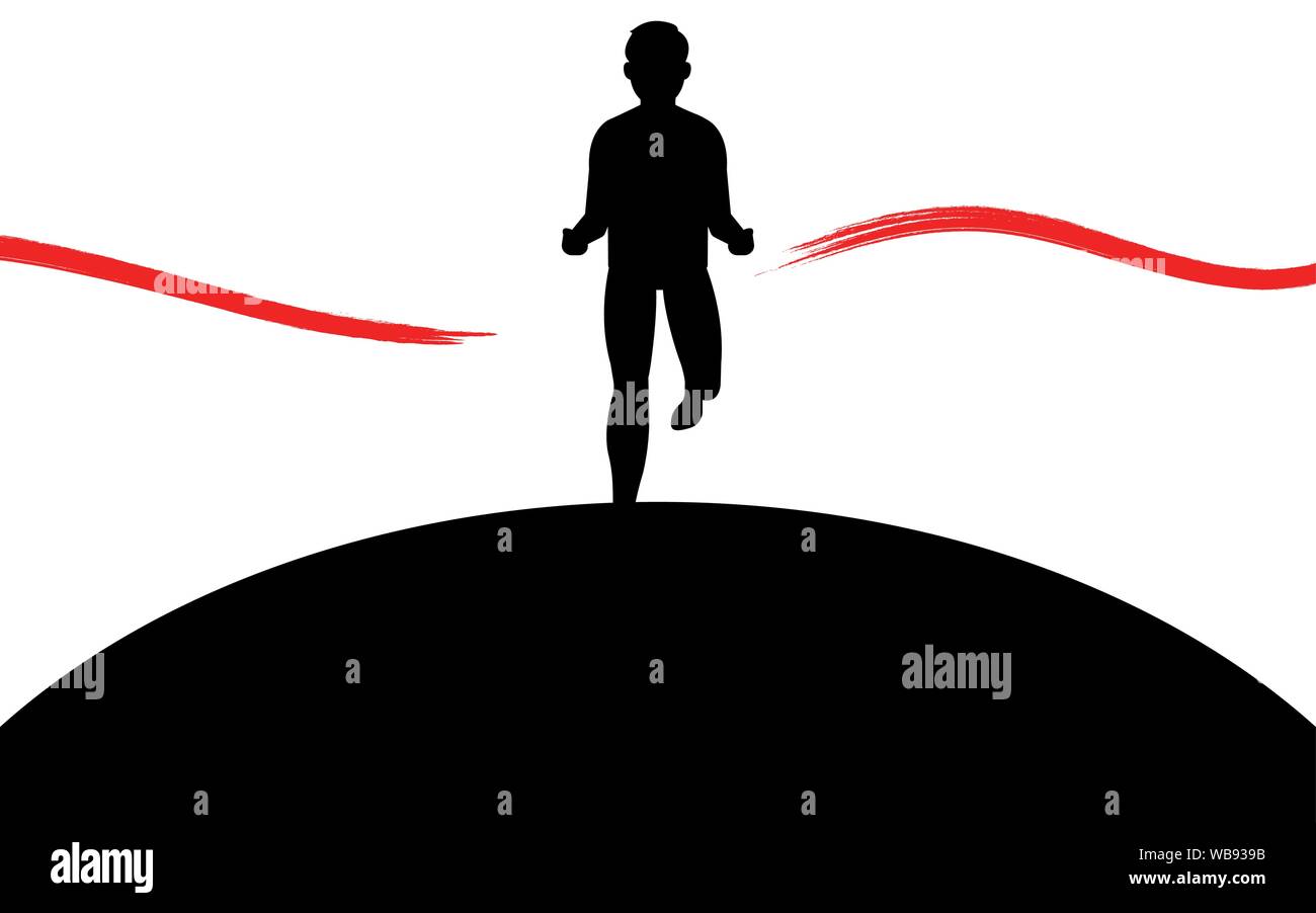 Runner crosses the finish red ribbon, silhouette art image, vector ...