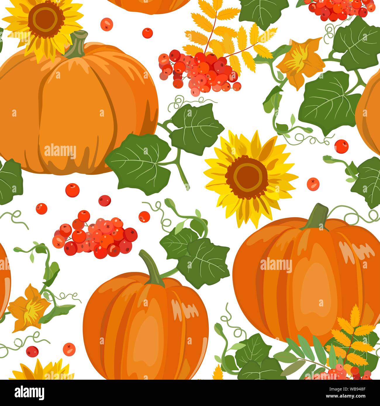 Vector pattern with orange pumpkins, leaves, clusters of mountain ash ...