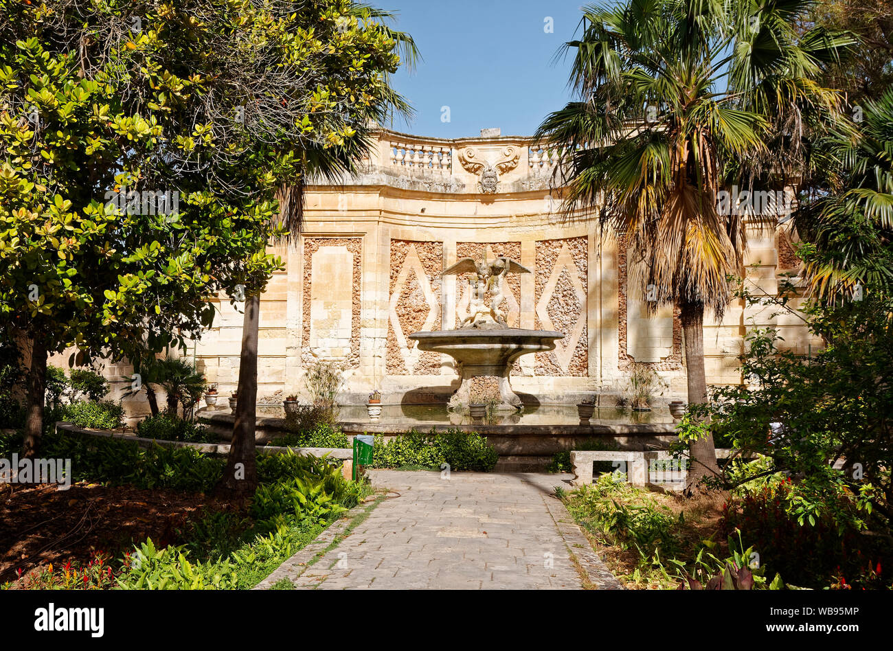 fountain, curved decorative stone wall, San Anton Palace Gardens, 18 ...