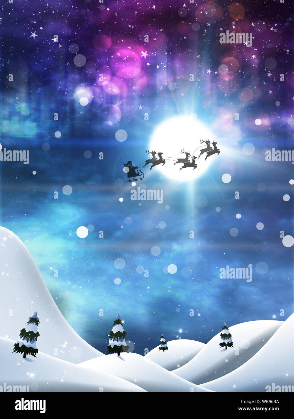 Flying Santa Claus with reindeers night winter snowy background Stock ...