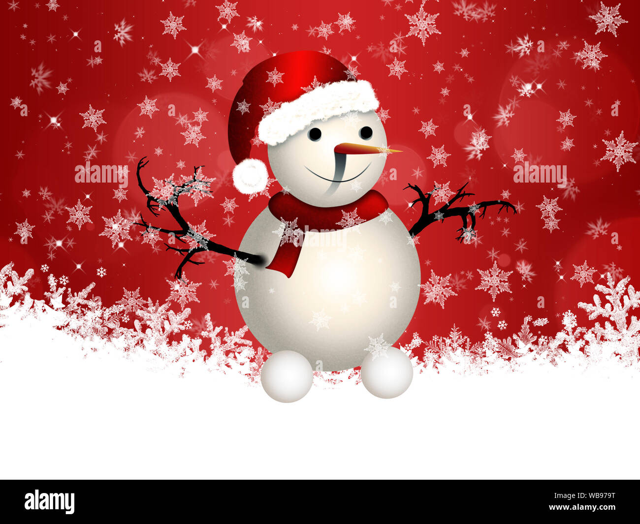 Illustration of red winter background with cute snowman with snowflakes ...