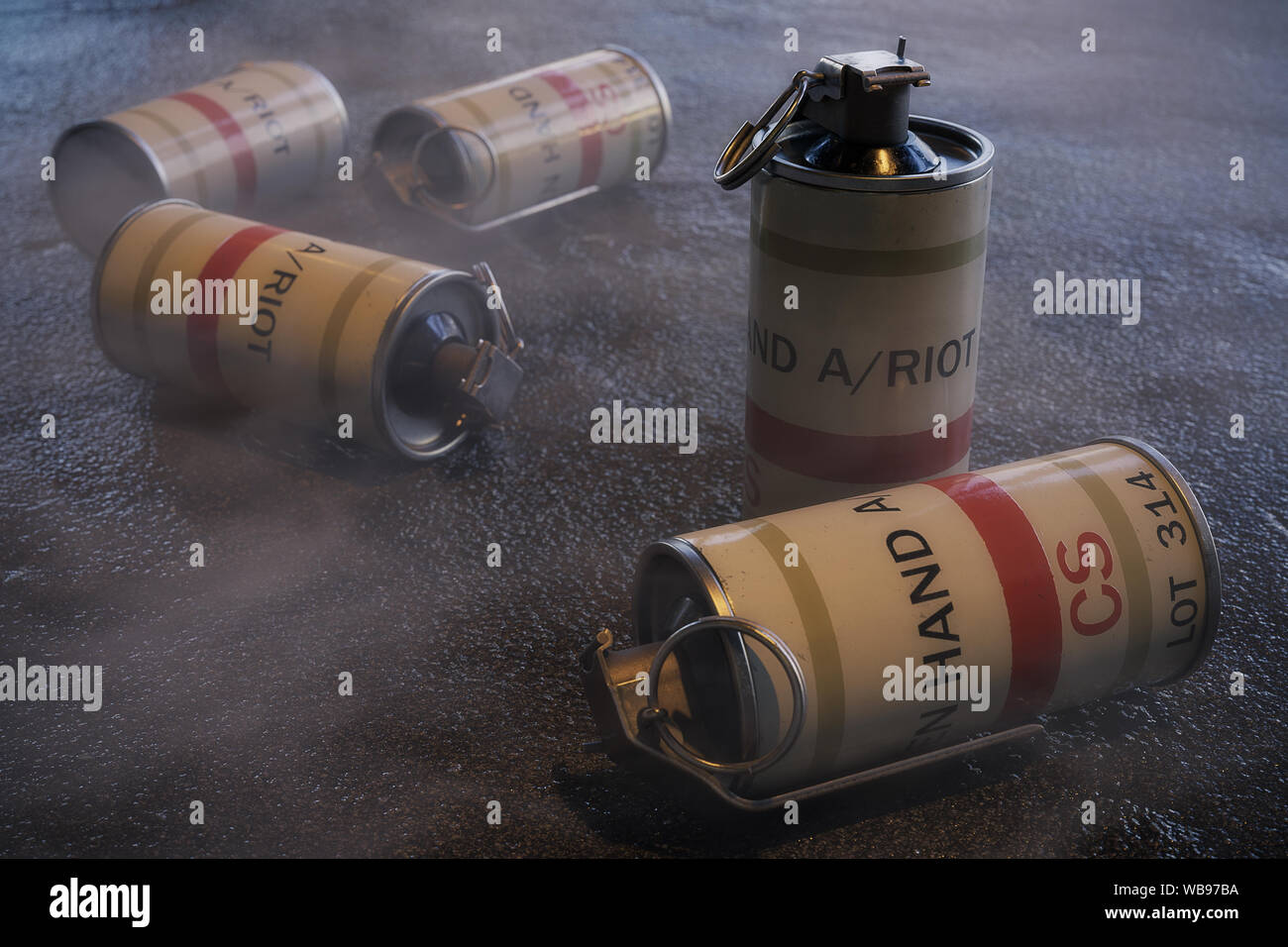 Several tear gas grenades on wet asphalt surrounded by smoke. - 3D ...