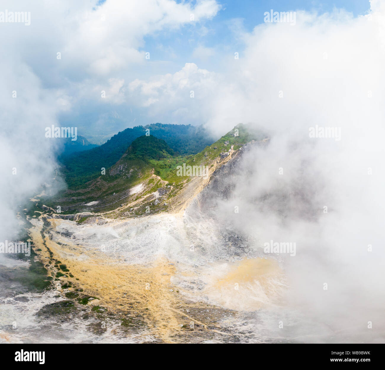 Aerial view Sibayak volcano, active caldera steaming, travel ...