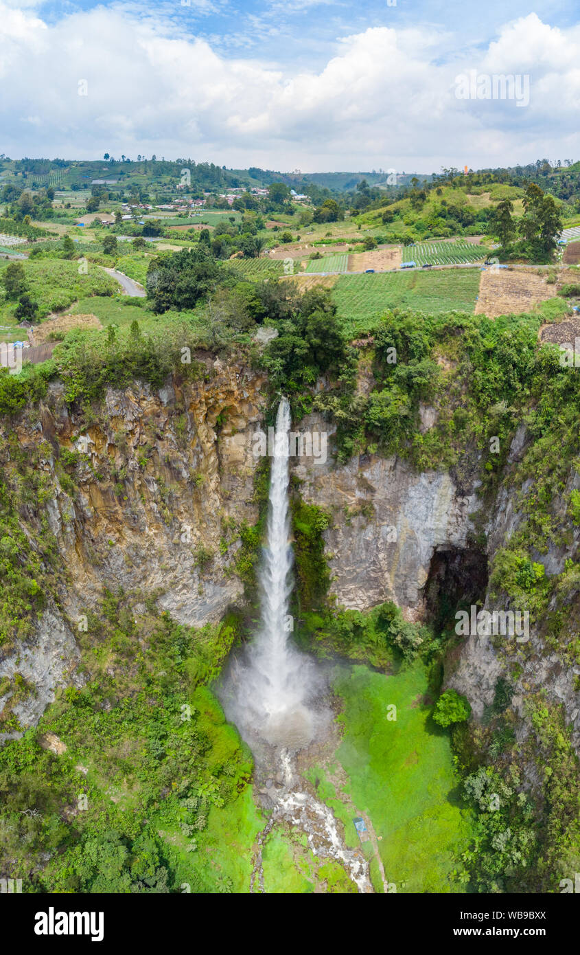 Aerial view Sipiso-piso waterfall in Sumatra, travel destination in ...