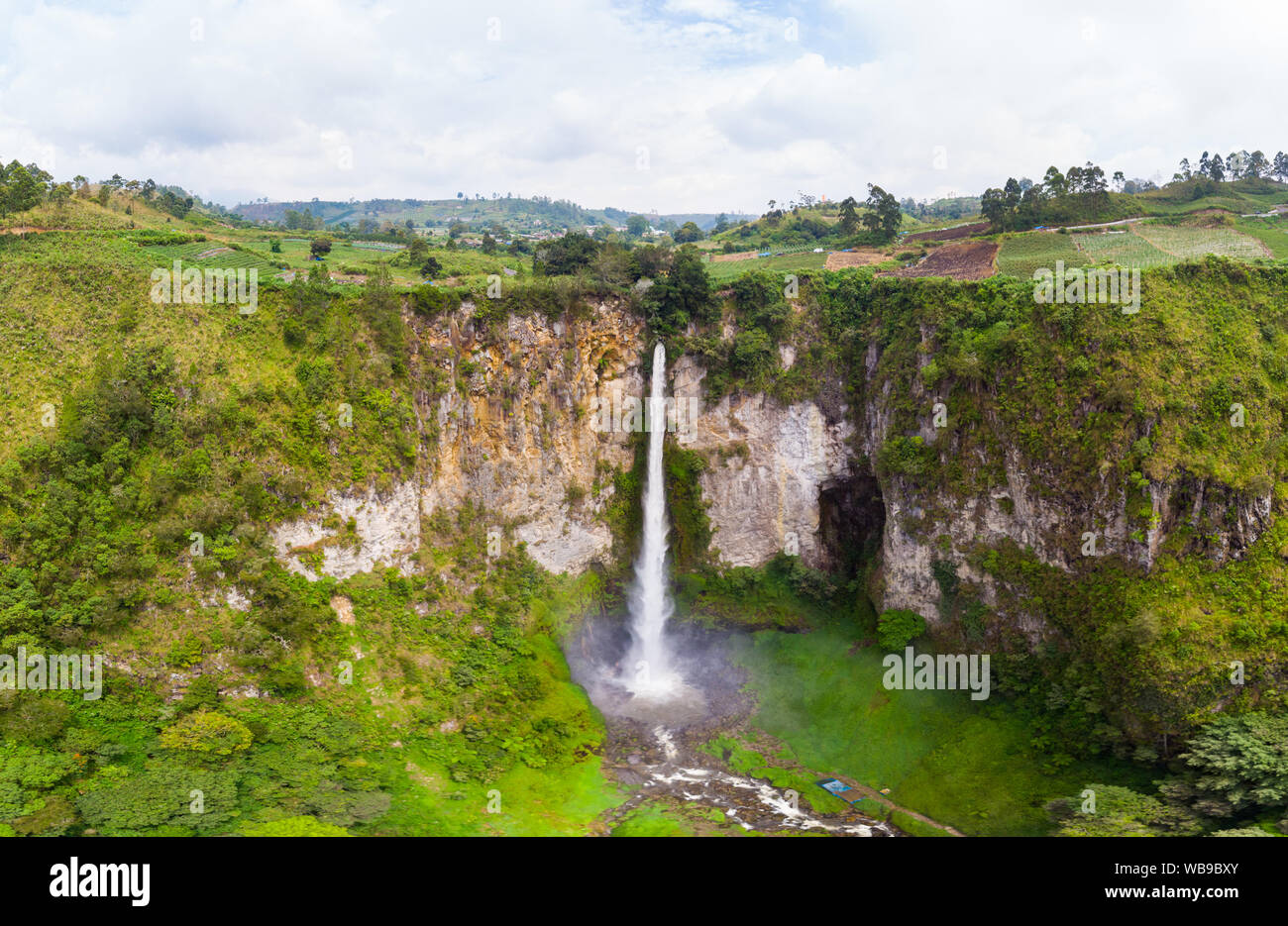 Aerial view Sipiso-piso waterfall in Sumatra, travel destination in ...