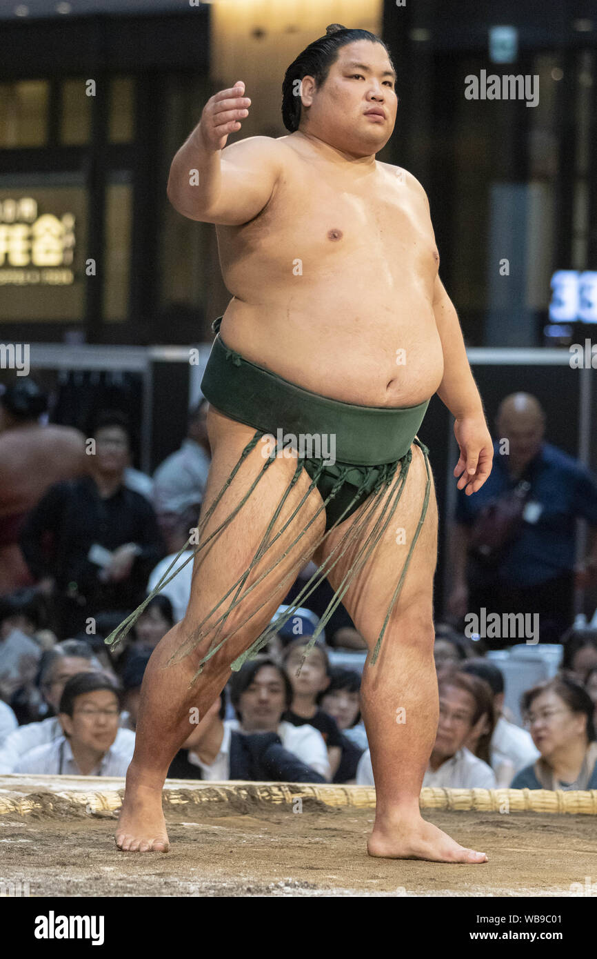 Tokyo, Japan. 25th Aug, 2019. A sumo wrestler Nishikigi participates in ...