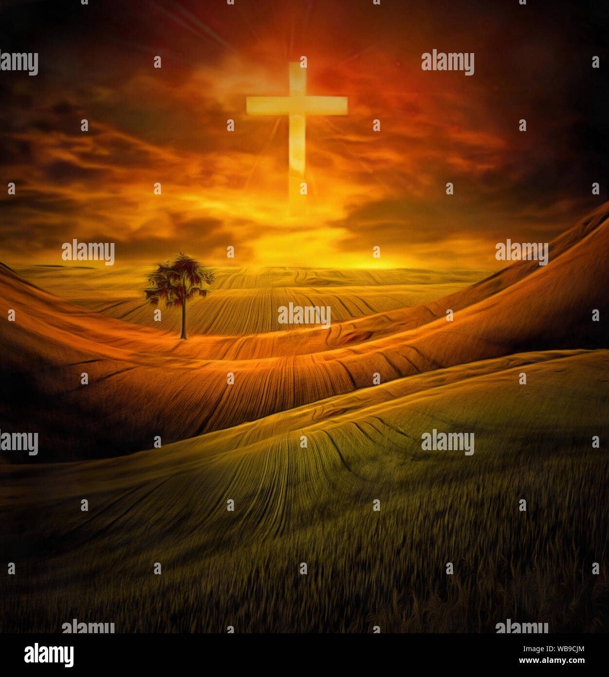 Spiritual painting in vivid colors. Cross of light in the sky Stock ...