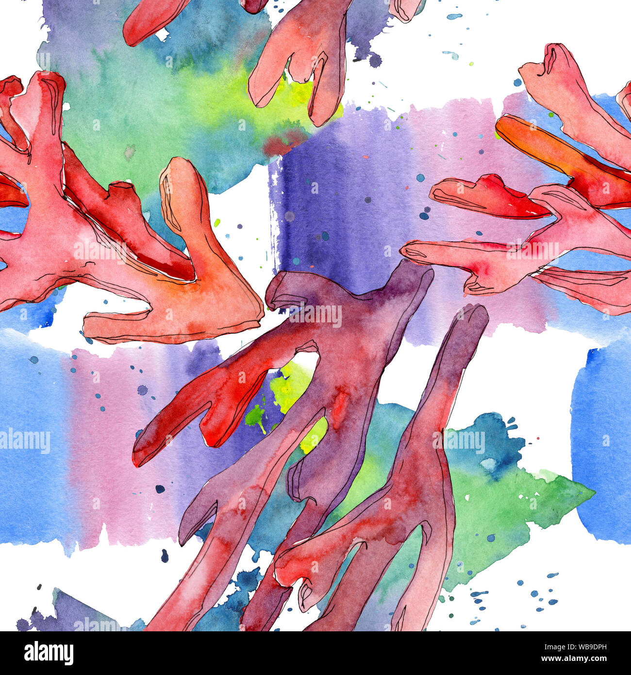Red aquatic underwater nature coral reef. Watercolor background ...