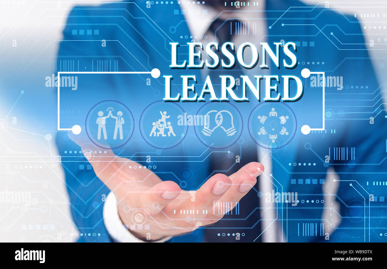 Writing note showing Lessons Learned. Business concept for the knowledge or understanding gained ...