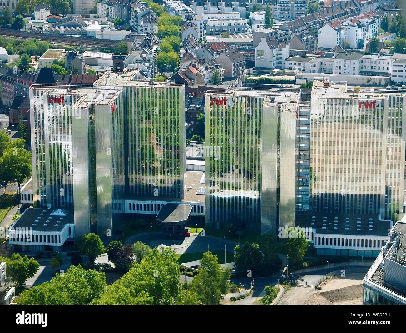 Aerial view of Duesseldorf in Germany seen from the Rhine tower at the ...