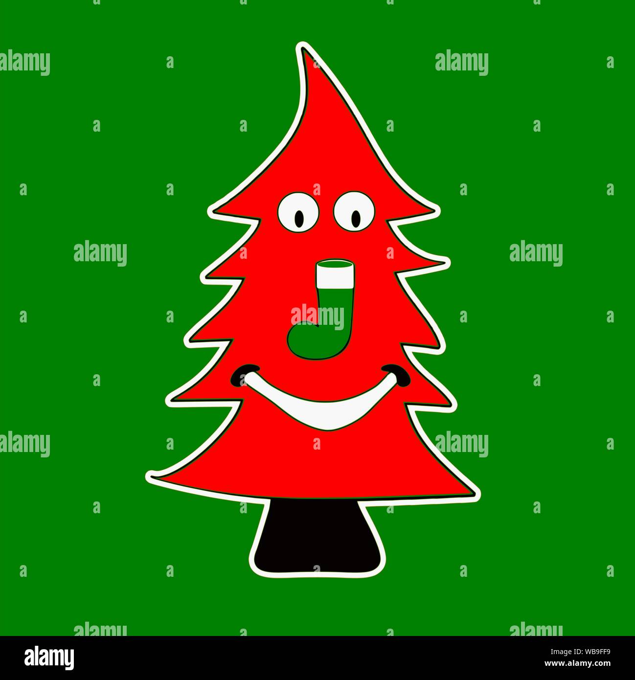 Unique Red Colored Christmas Tree With Comic Smile Vector Illustration ...