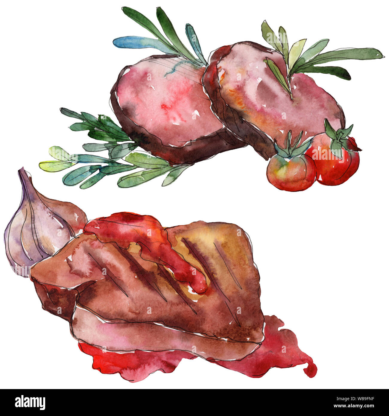 Grilled steak tasty food in a watercolor style set. Aquarelle food ...