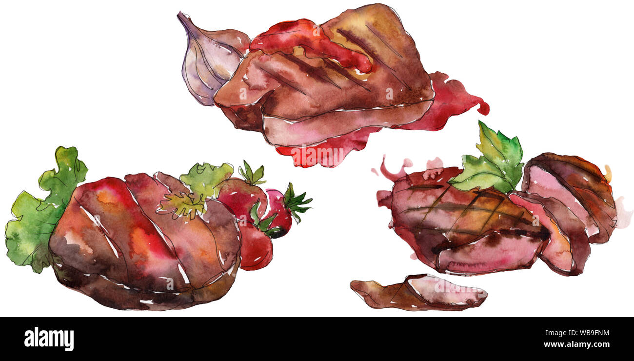 Grilled steak tasty food in a watercolor style set. Aquarelle food ...