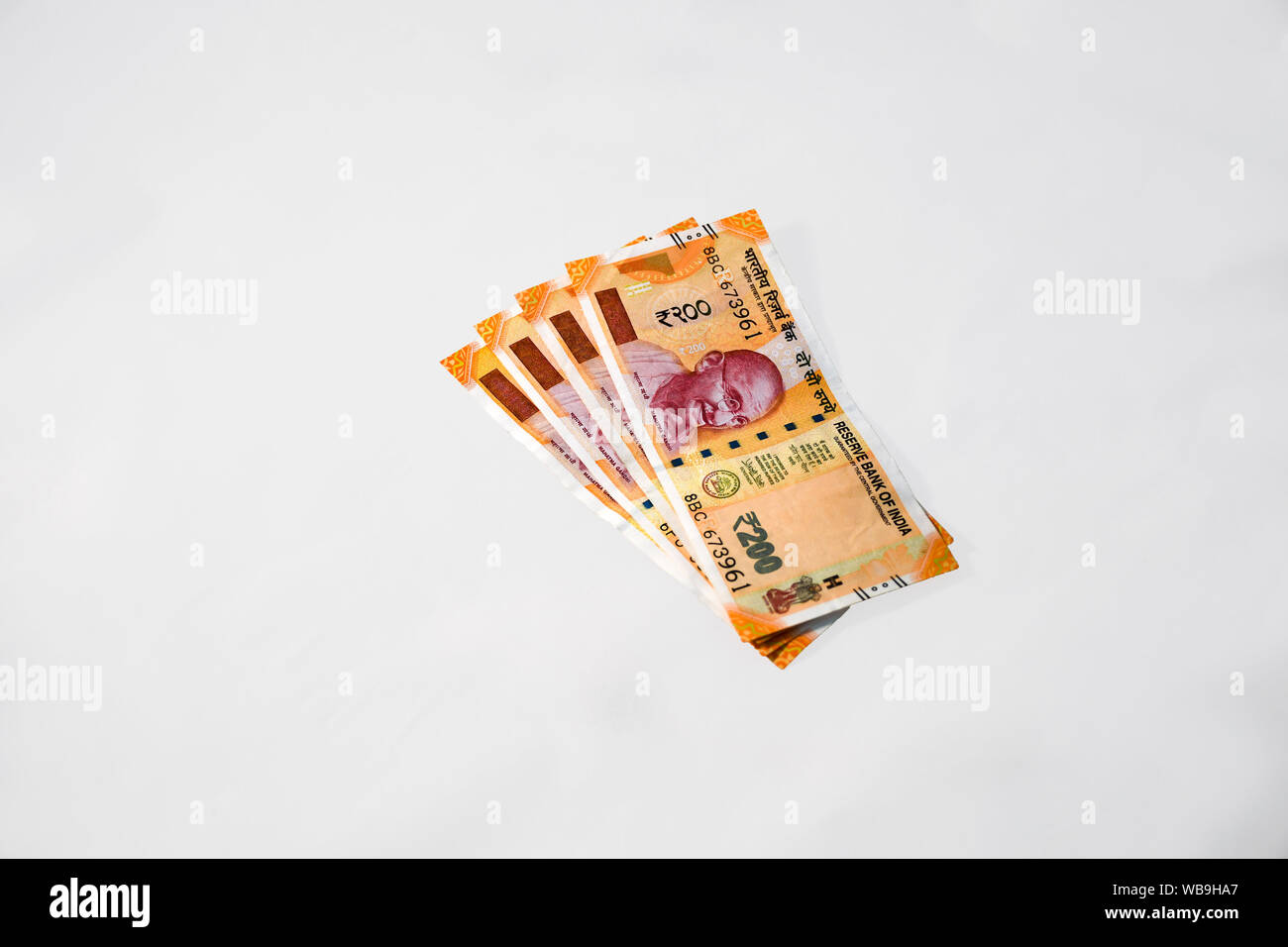 Modern Indian Two Hundred Rupees Currency Notes on a minimal grey ...