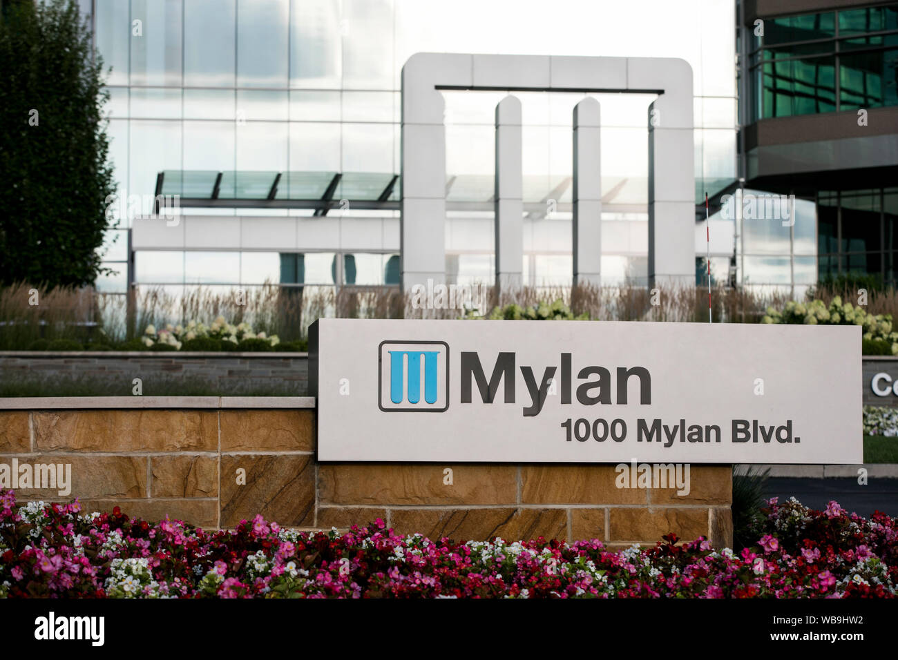 A logo sign outside of the headquarters of Mylan in Canonsburg ...
