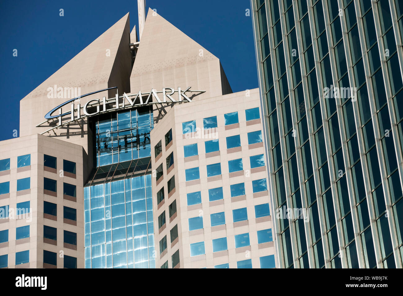 A logo sign outside of the headquarters of Highmark in Pittsburgh ...